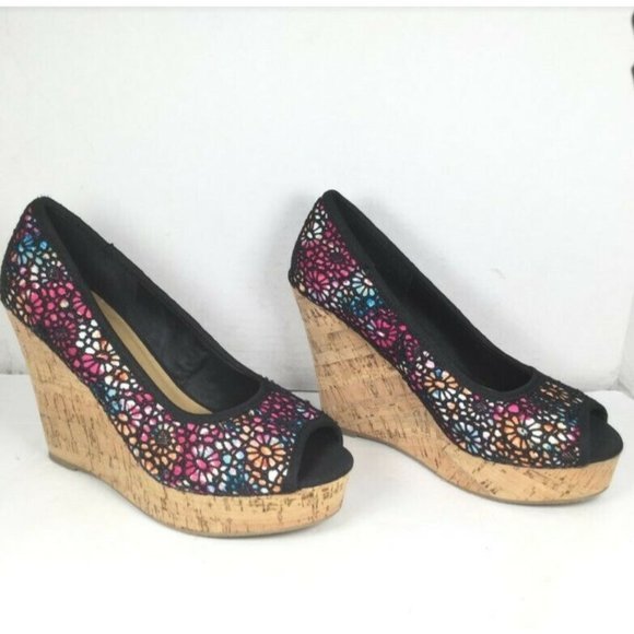 Y-Not | Shoes | Ynot Amay Womens Cork Wedge Floral Peep Toe Black ...